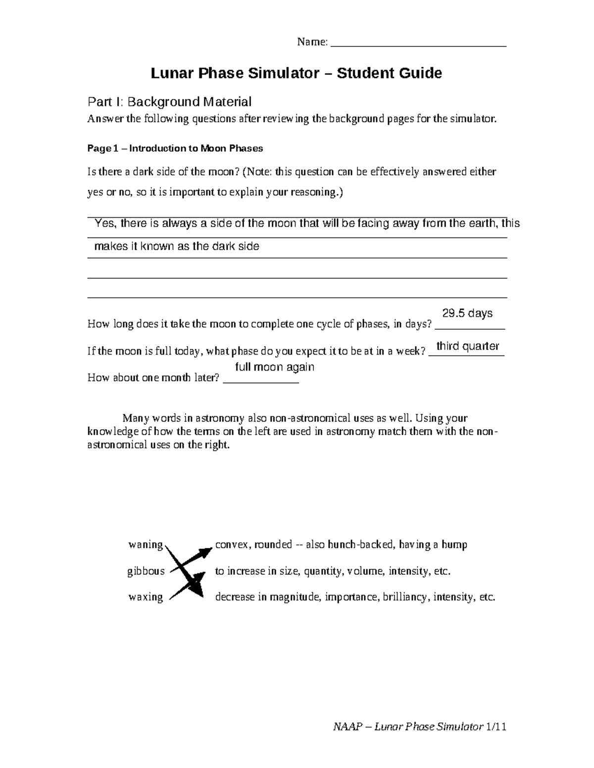 lab 6 moon phases student guide answer key intro to astronomy103 - Name ...