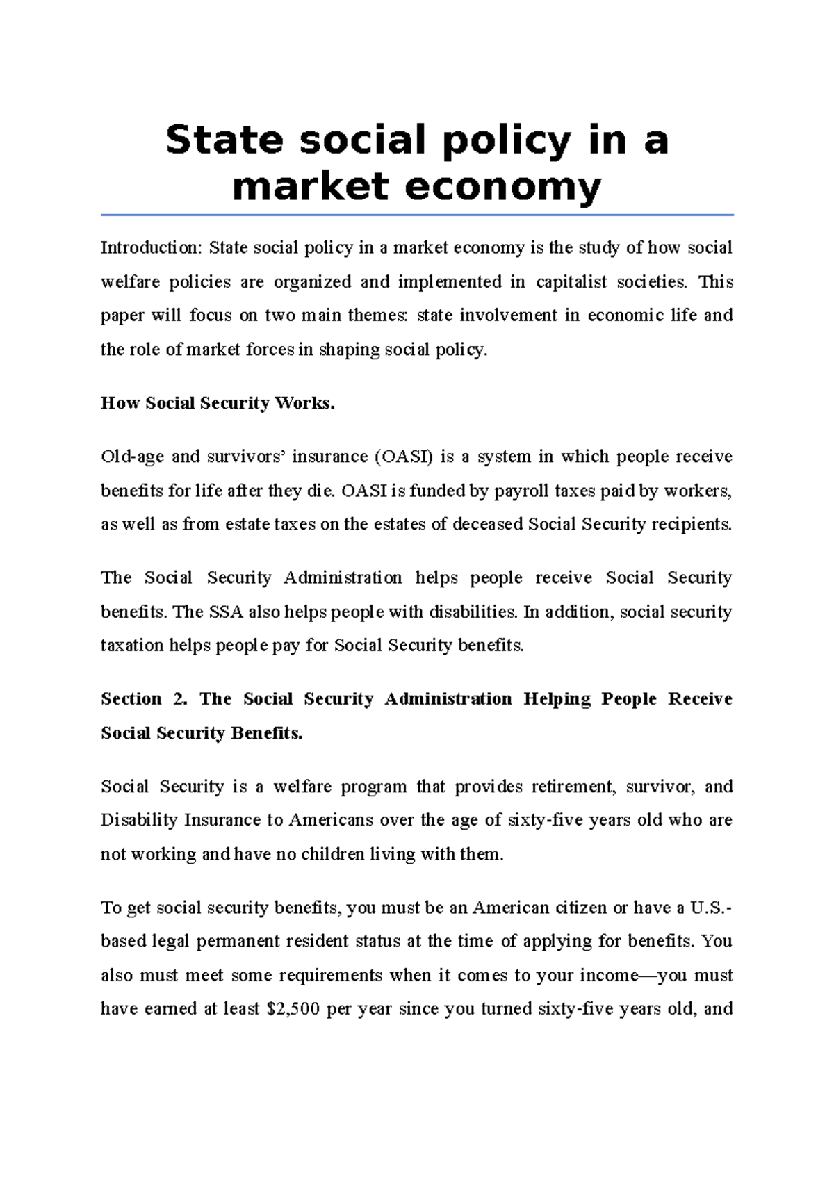 State social policy in a market economy - This paper will focus on two ...