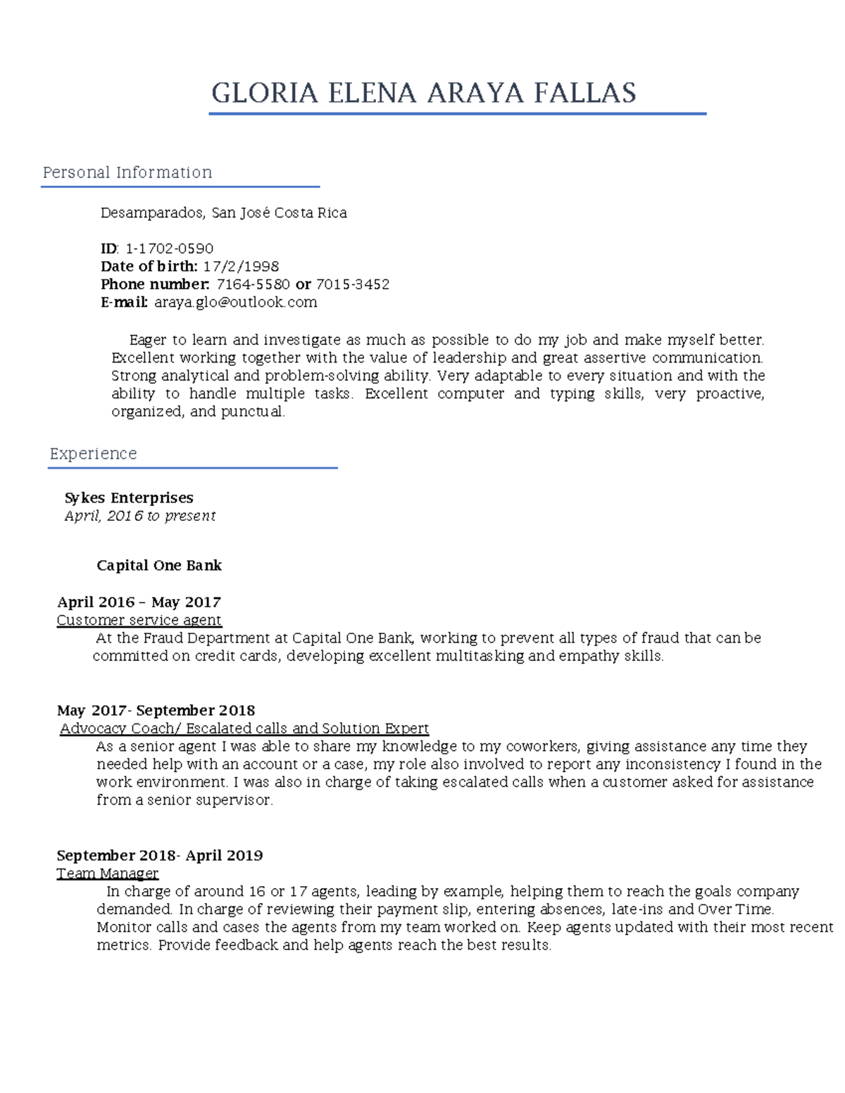 Gloria CV English - Informática - GLORIA ELENA ARAYA FALLAS Eager to ...