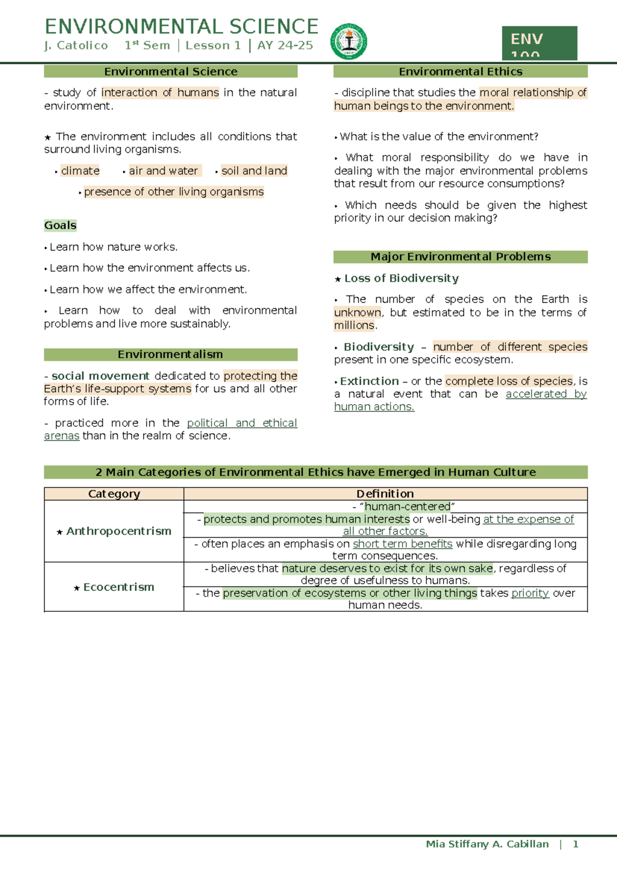 Environmental Science - ENV 100 ENVIRONMENTAL SCIENCE J. Catolico 1 st ...