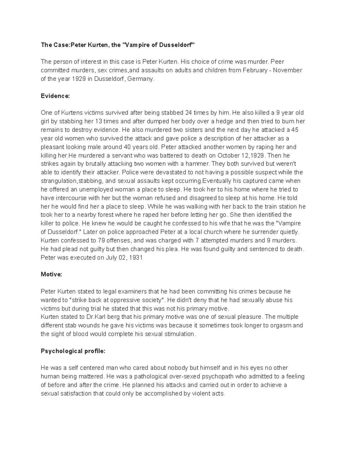 Forensics - A essay about killer Peter Kurten - The Case:Peter Kurten ...