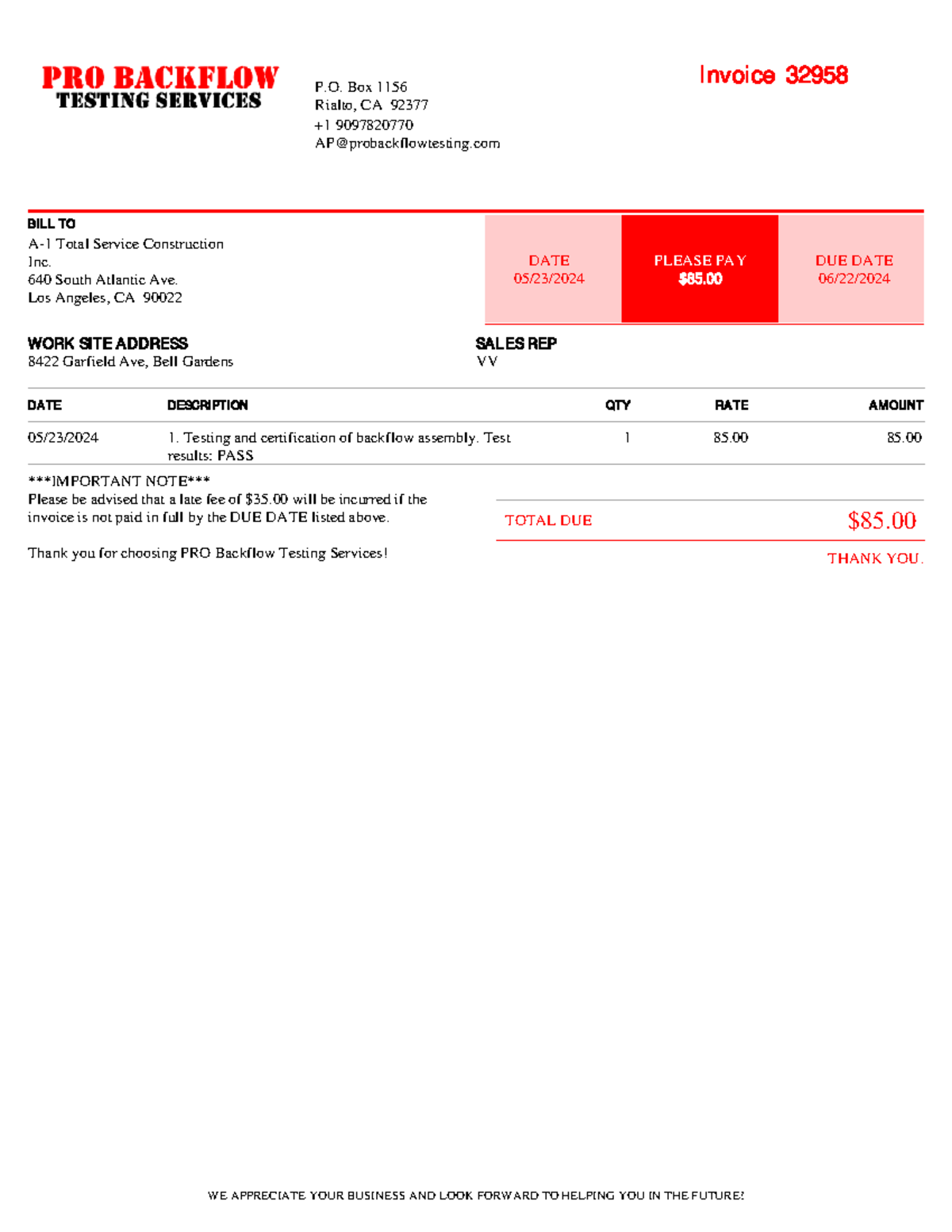 Invoice 32958 from Pro Backflow Testing Services Inc - WE APPRECIATE ...