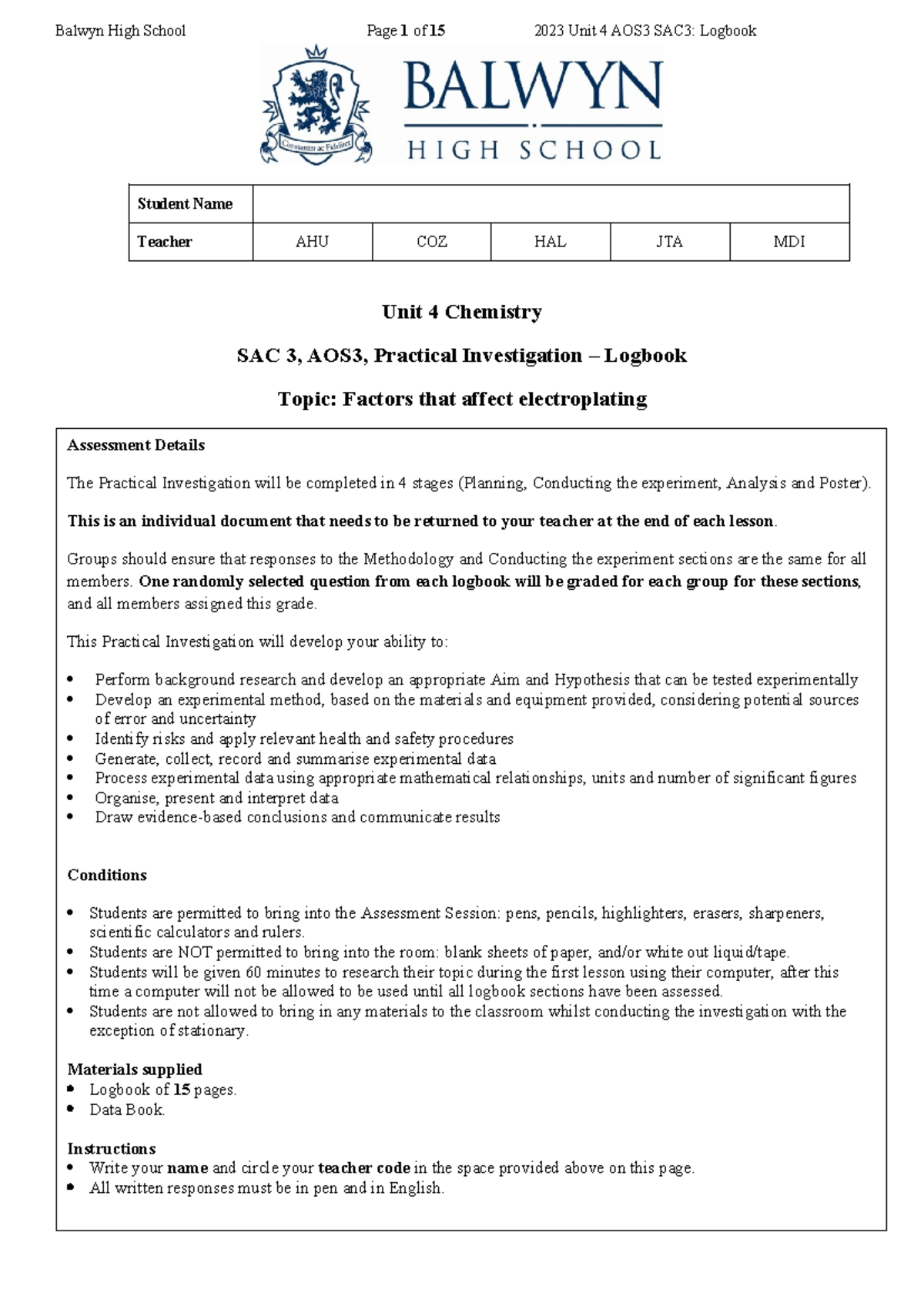 2023 U4 SAC 3 Practical Investigation Logbook - Student Name Teacher ...