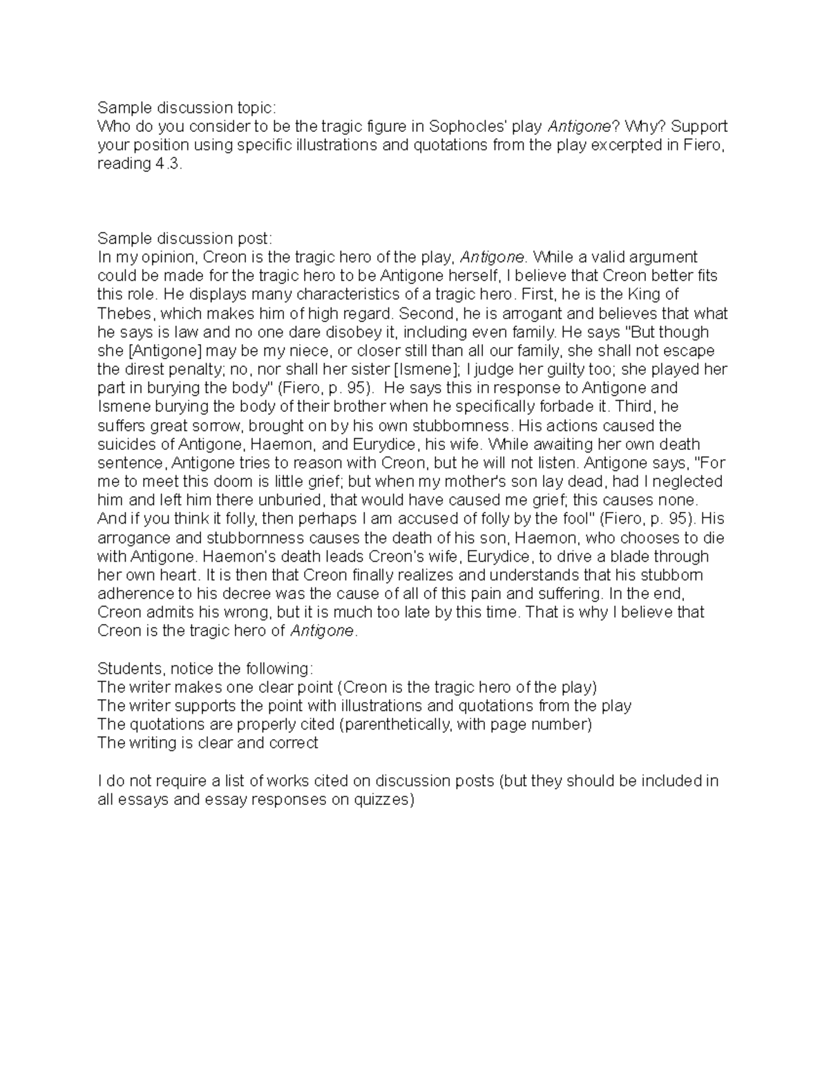 Sample discussion post- Anc Hum - Sample discussion topic: Who do you ...