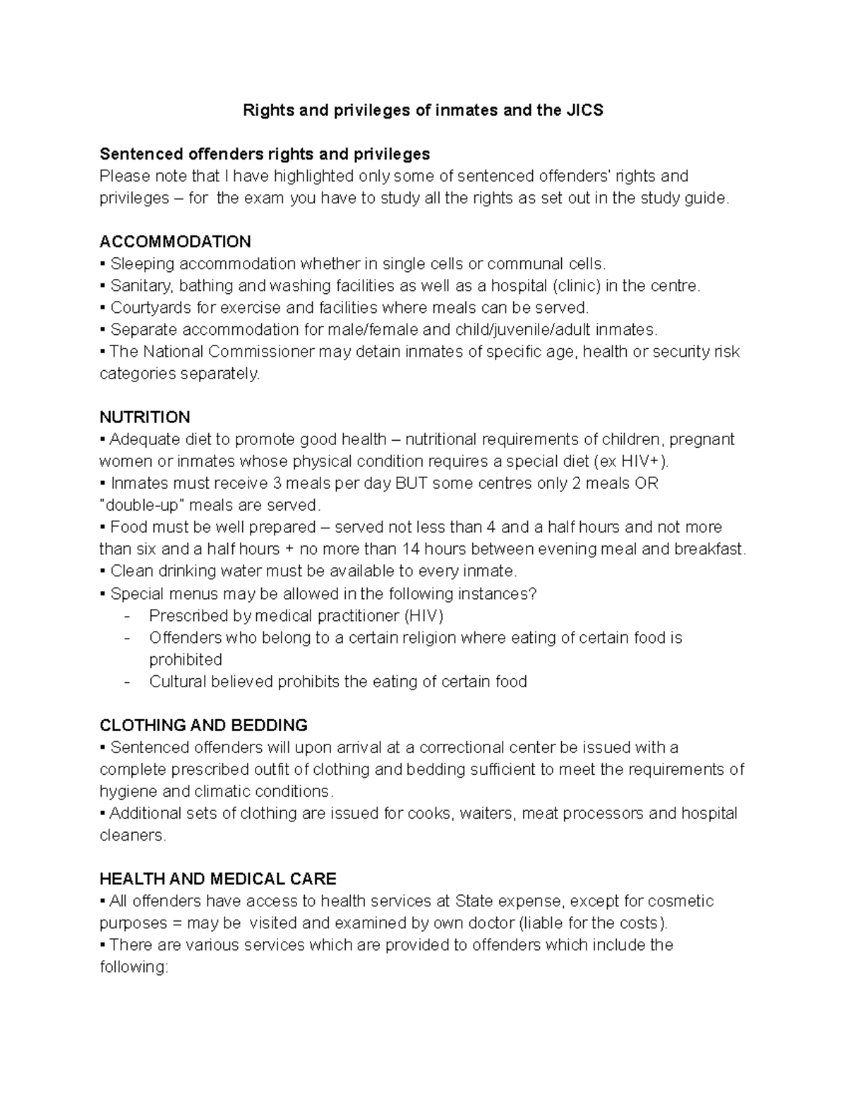 Study UNIT 7 - Rights and privileges of inmates and the JICS Sentenced ...