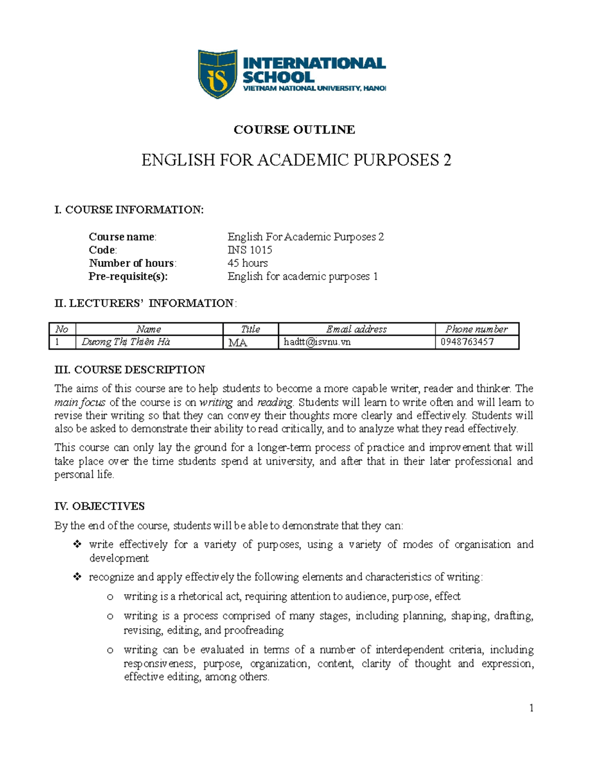 Course Outline-EAP2-Sep - COURSE OUTLINE ENGLISH FOR ACADEMIC PURPOSES ...