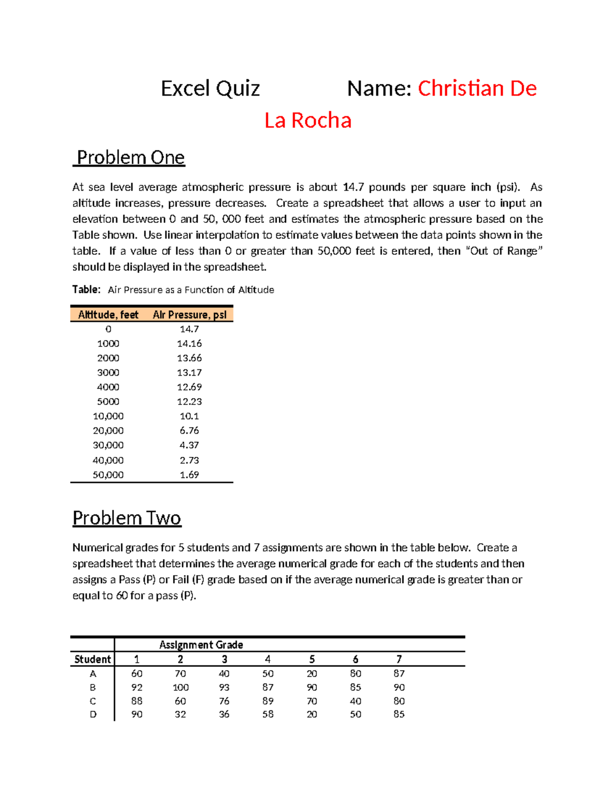 Excel Quiz Fundamentals - Excel Quiz Name: Christian De La Rocha ...