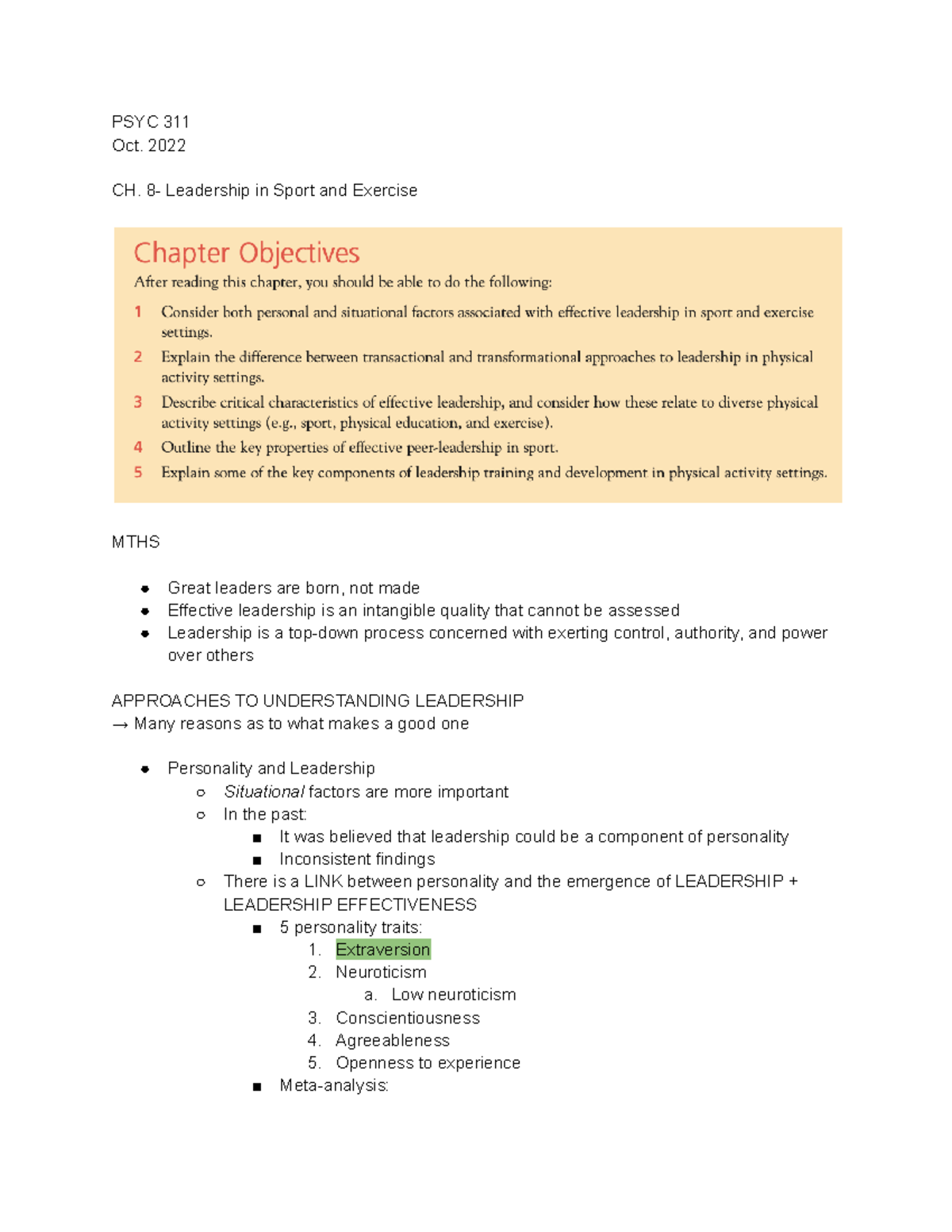 311 Ch. 8- Leadership - Extensive notes on Ch. 8 of PSYC 311 to prepare ...