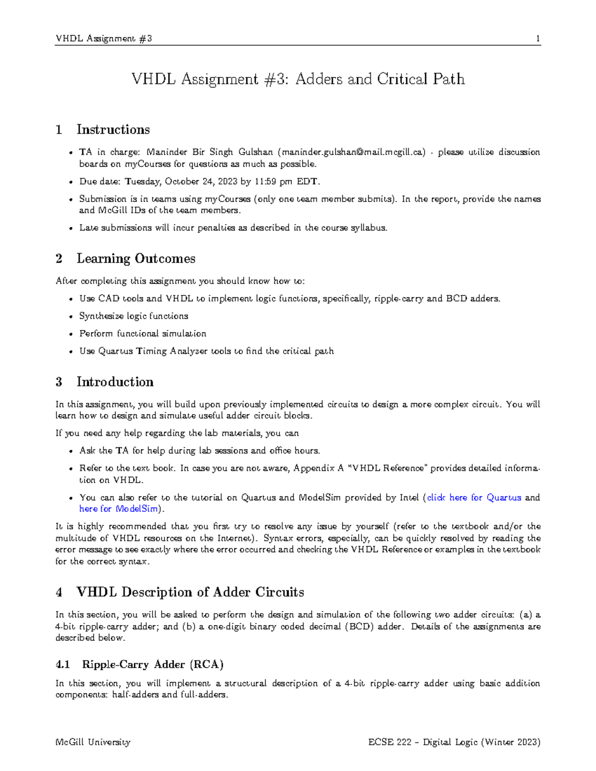 ECSE 222 VHDL3 - VHDL Assignment #3: Adders and Critical Path 1 Instructions • TA in charge ...