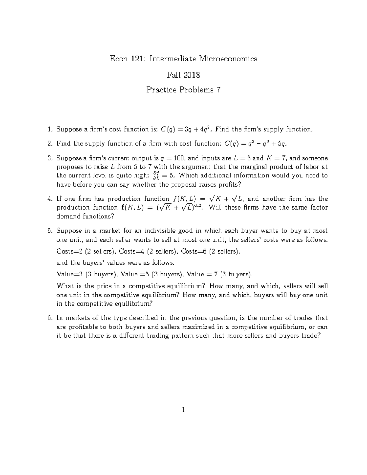 Practice Problems 7 - materials from ECON 121 at Yale with T. Borgers ...