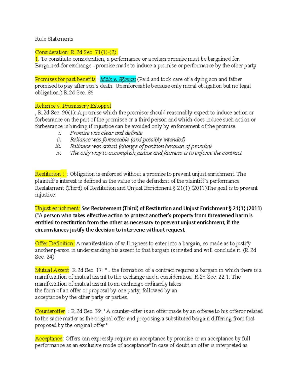 Contract Rule Statements - Rule Statements Consideration: R Sec. 71(1 ...