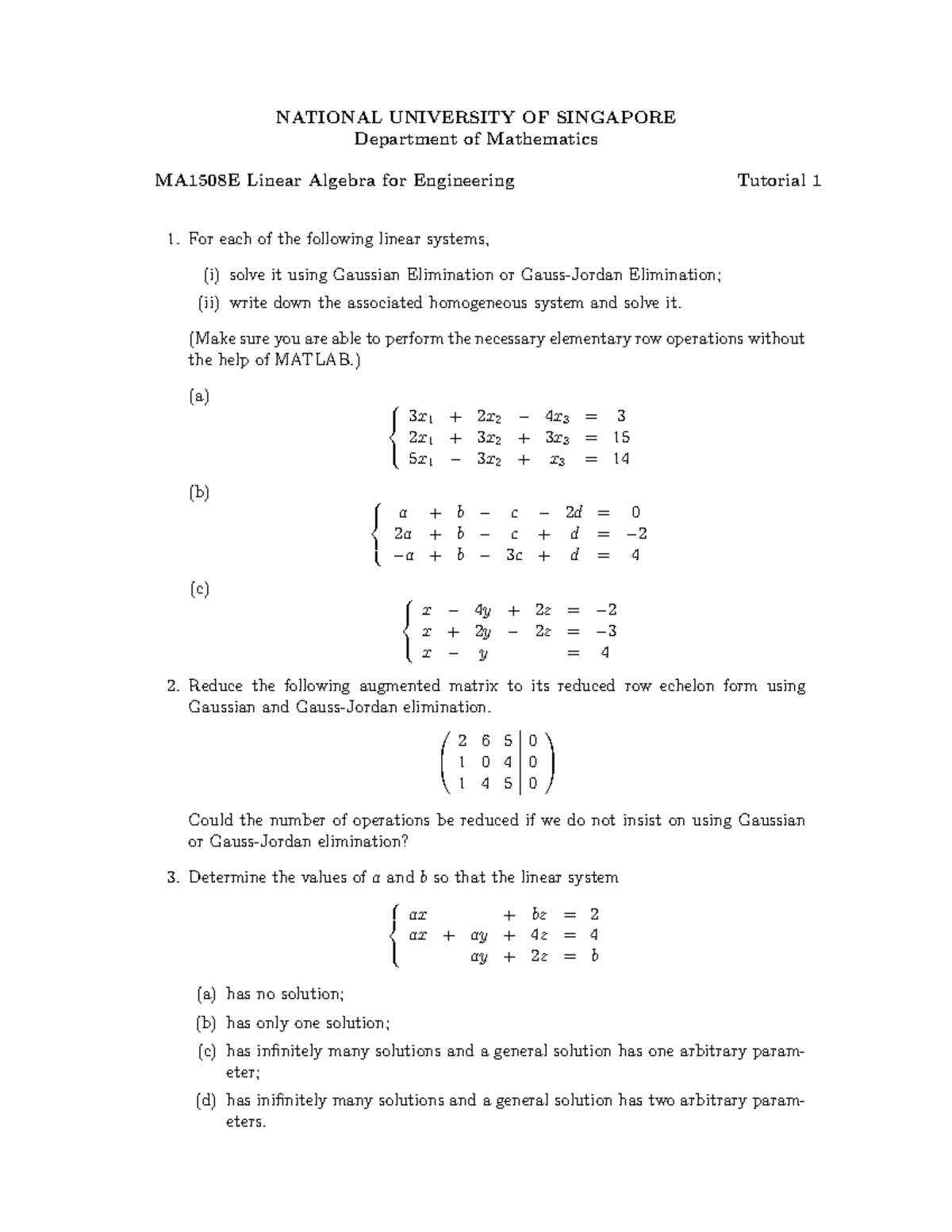 Tutorial 1 - NATIONAL UNIVERSITY OF SINGAPORE Department of Mathematics MA1508E Linear Algebra ...