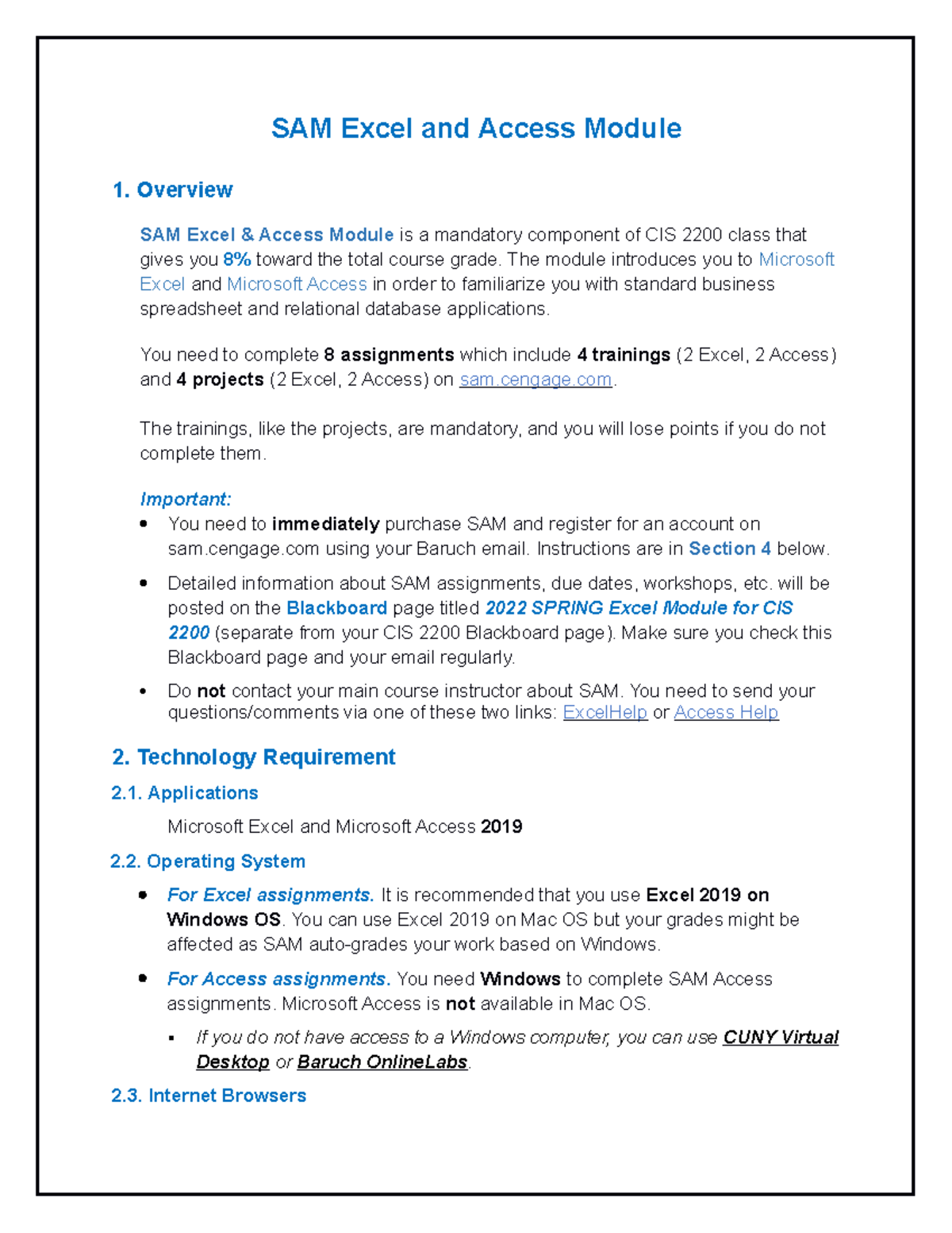 SPRING Excel Module for CIS2200 - SAM Excel and Access Module 1. Overview SAM Excel & Access ...