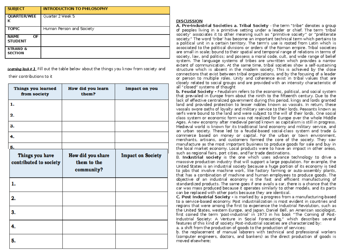 Intro to Philo Task sheet Week 5 and 6 Qtr - SUBJECT INTRODUCTION TO ...