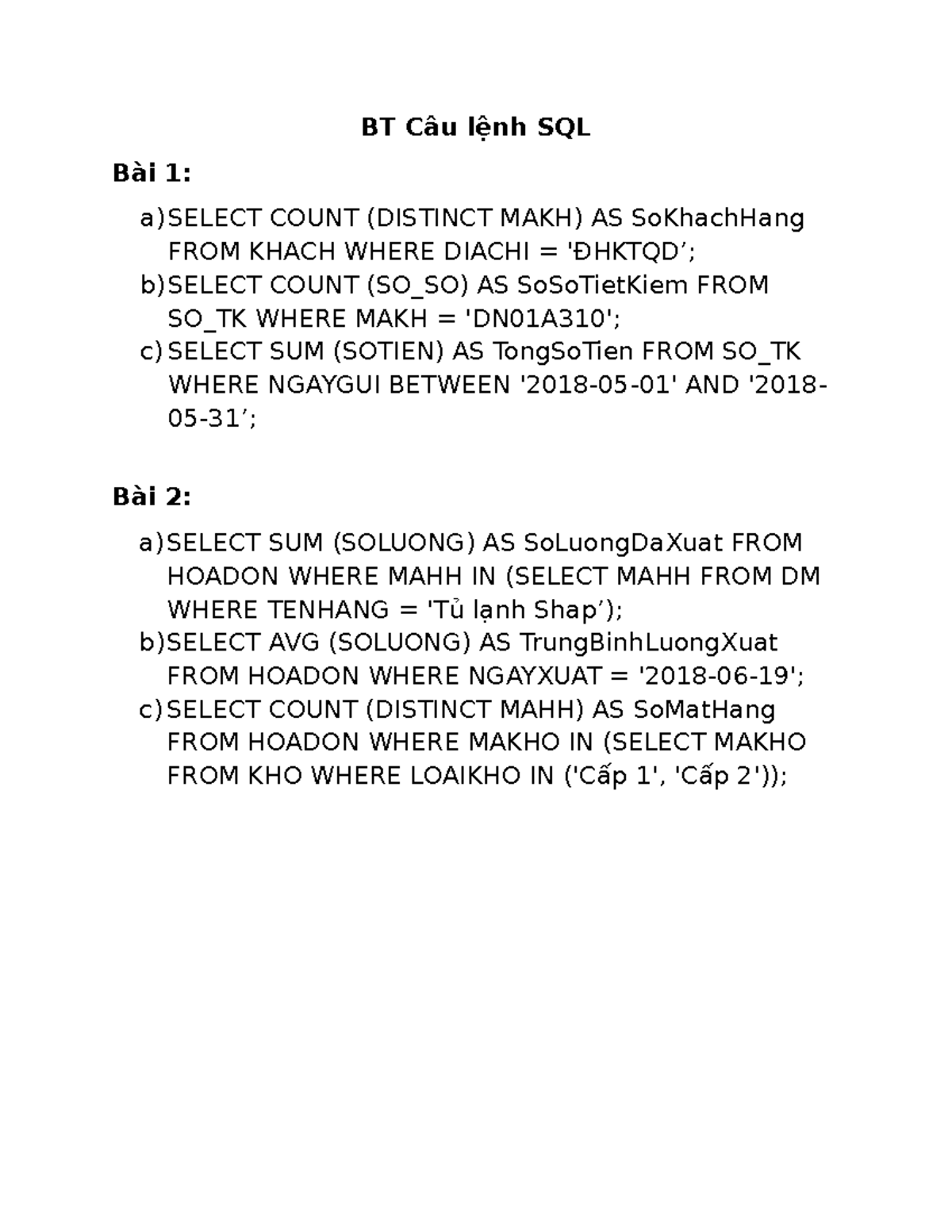 Bt Câu Lệnh Sql Bt Câu Lệnh Sql Bài 1 A Select Count Distinct Makh As Sokhachhang From