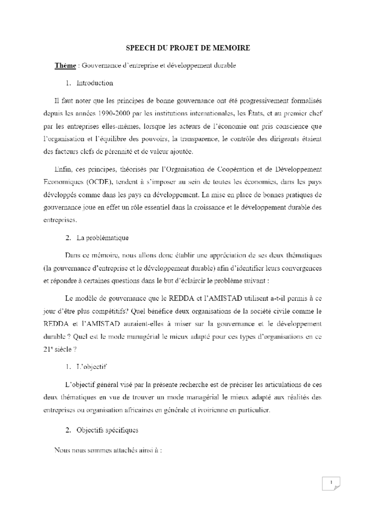 Speech DU Projet DE Memoire - RNSG 2231 - Studocu