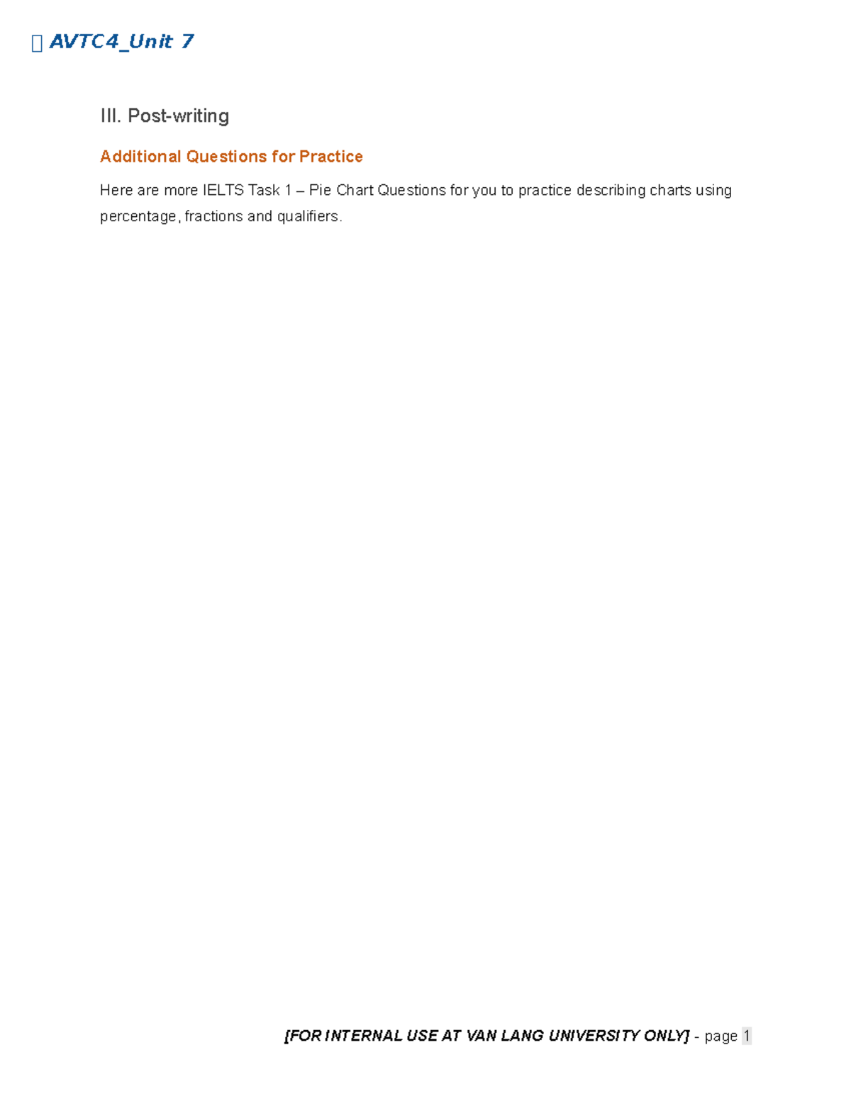 After class- AVTC4 -Unit 7- Pie-charts (2) - III. Post-writing ...