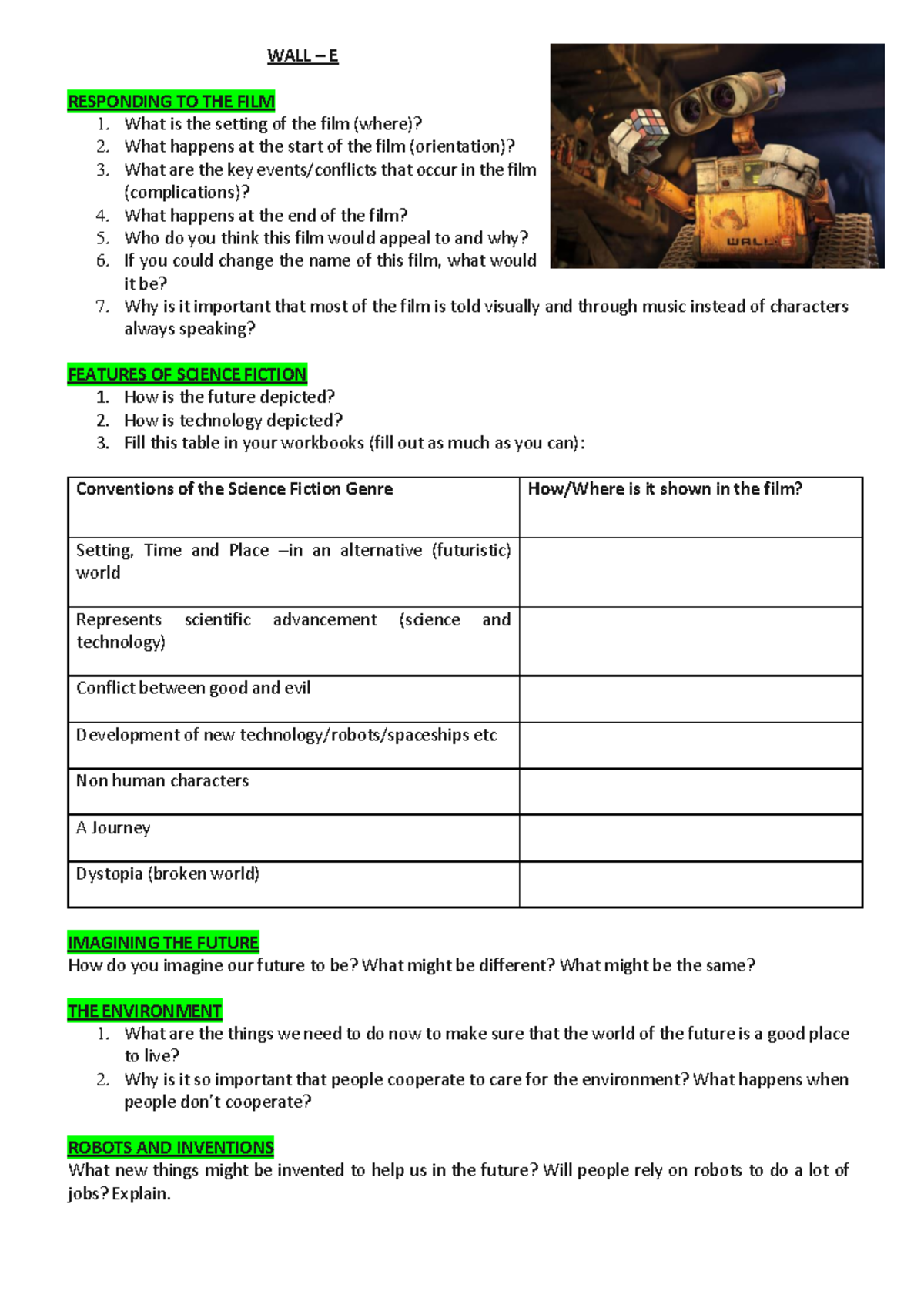 Wall E film activities - N/A - WALL – E RESPONDING TO THE FILM What is ...