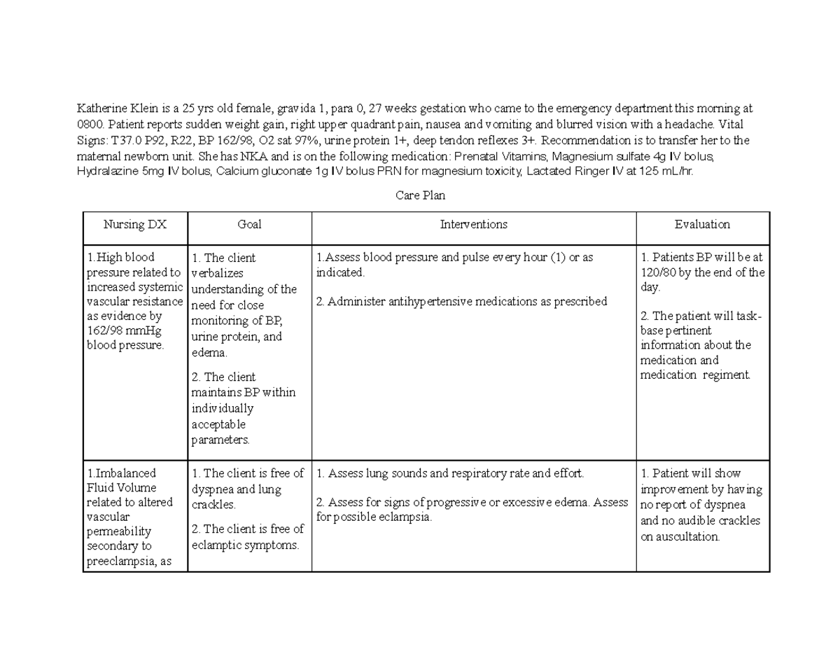 Care Plan Preeclampsia - Katherine Klein is a 25 yrs old female ...
