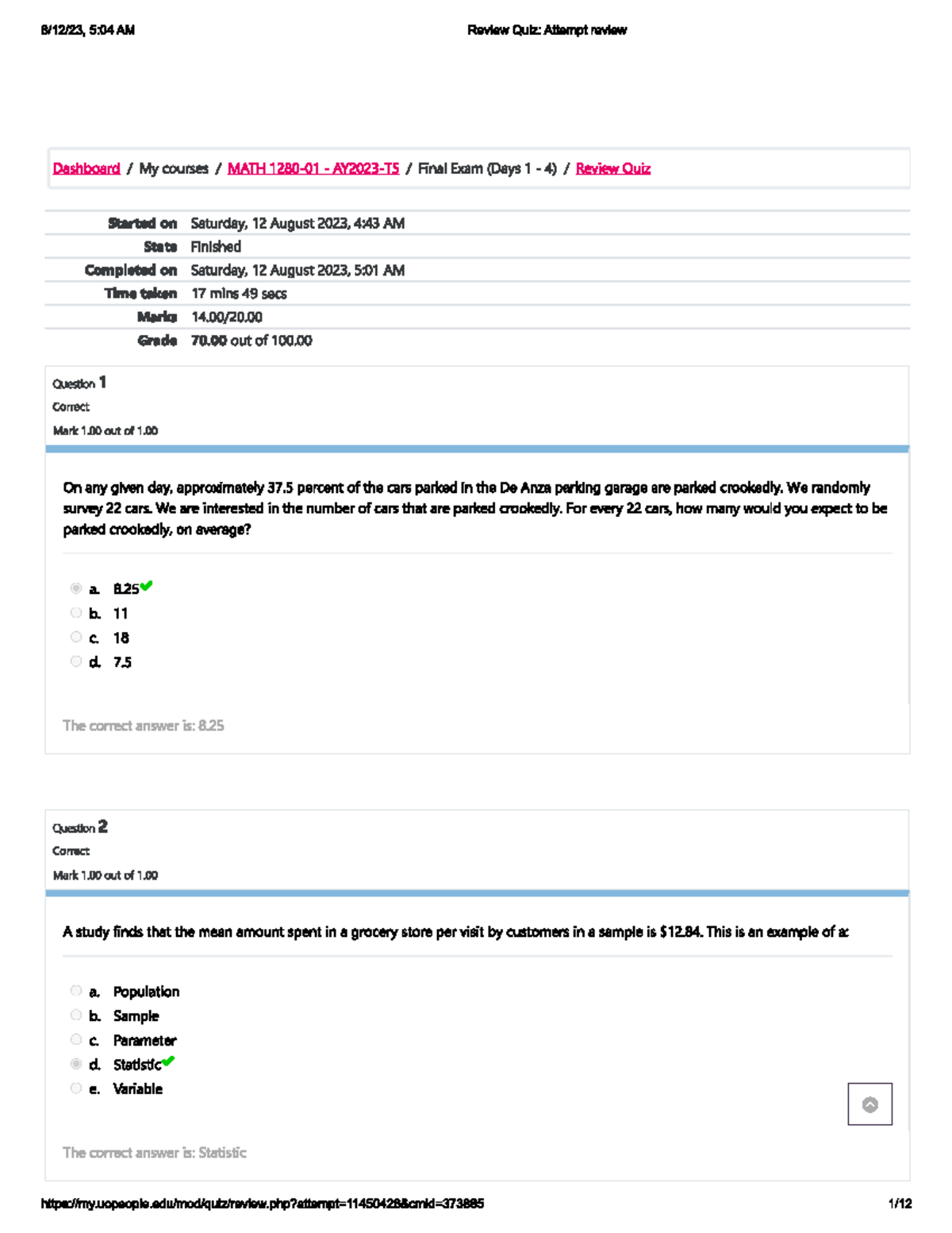 Self Quiz unit 010 - MATH 1280 - Studocu