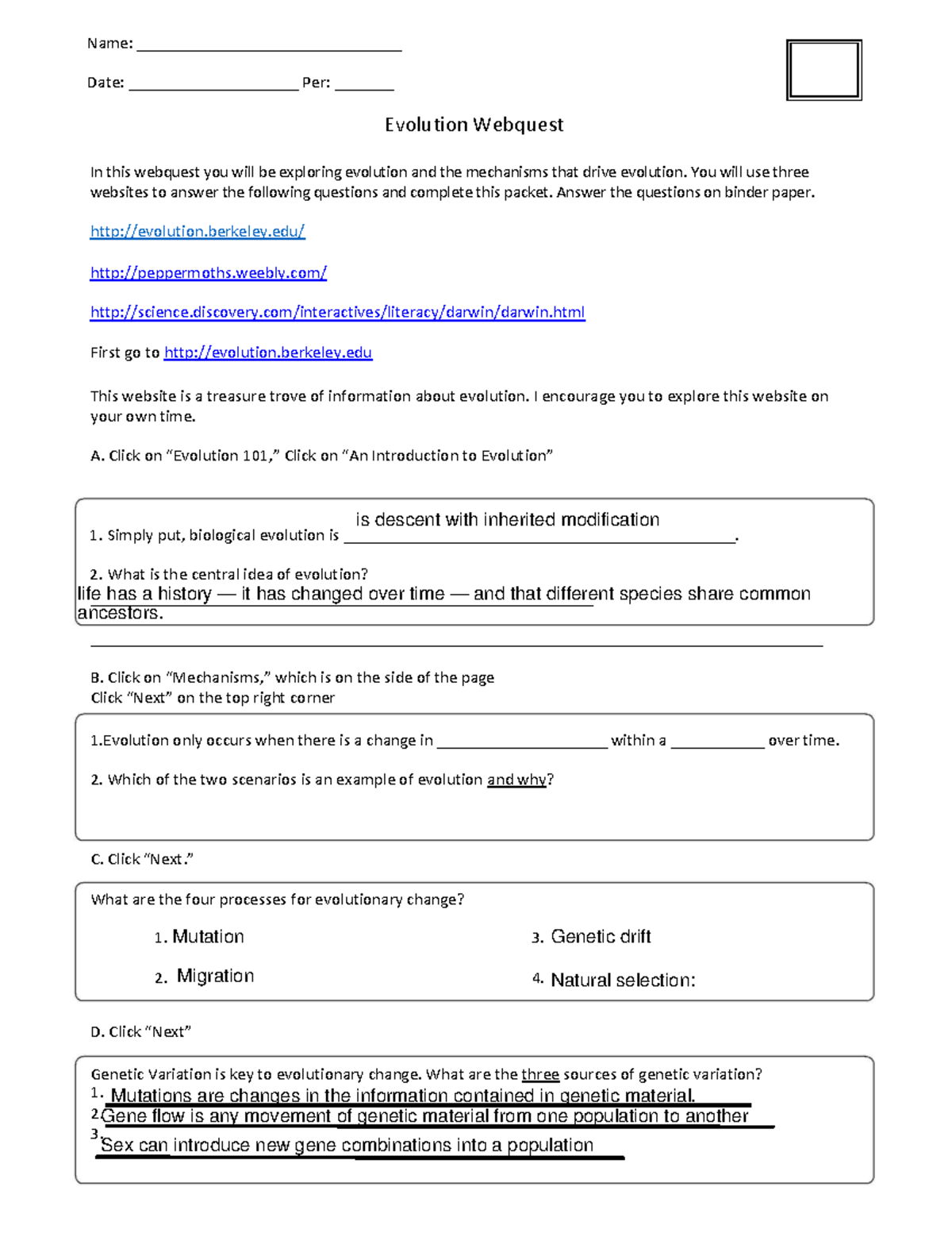 Evolution Webquest (use this one) - Name: _______________________________ Date ...