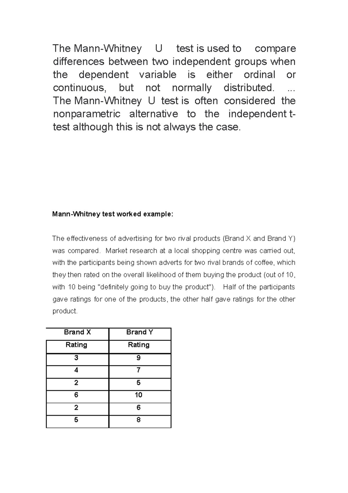 Mann-Whitney worked example - The Mann-Whitney U test is used to ...