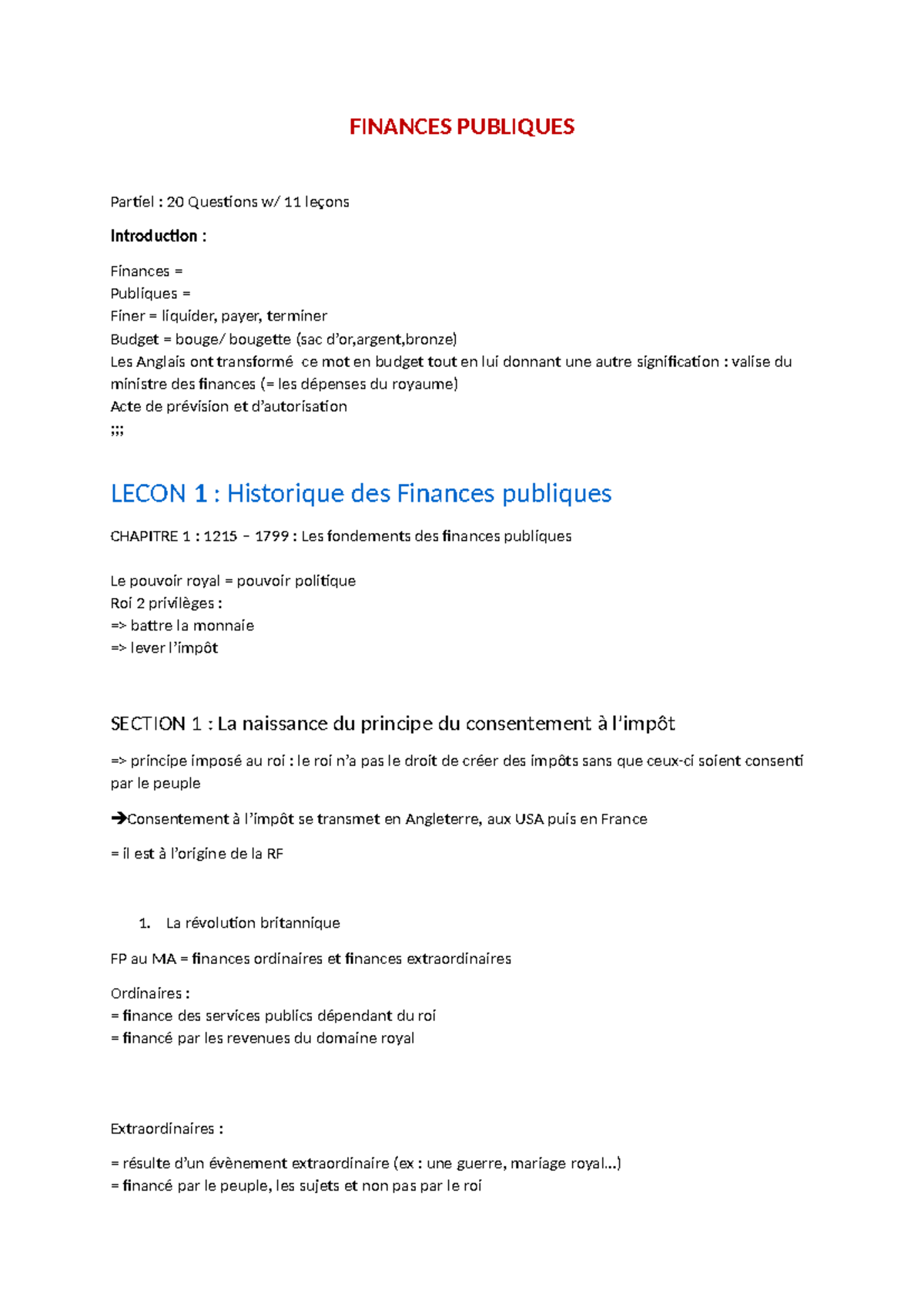 Cours finances publiques - FINANCES PUBLIQUES Partiel : 20 Questions w ...