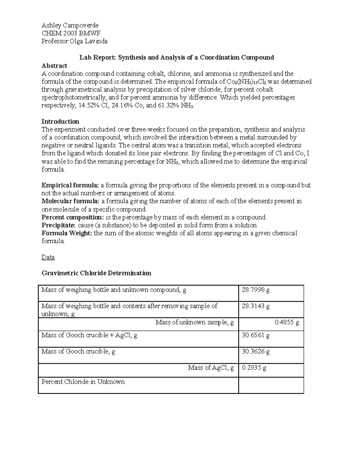 Synthesis of a Coordination Compound - Ashley Campoverde CHEM 2003 BMWF ...