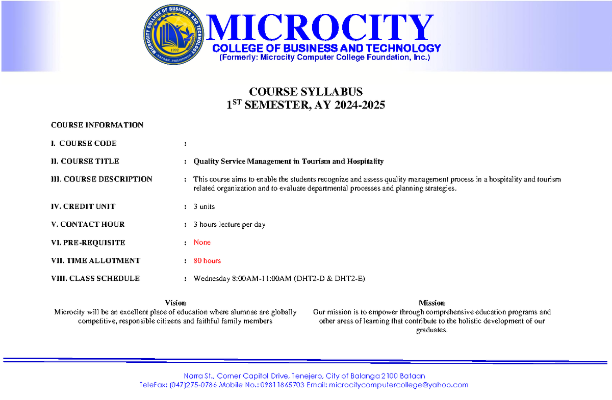 MCBT Syllabus Quality Service Management - COLLEGE OF BUSINESS AND TECHNOLOGY (Formerly ...