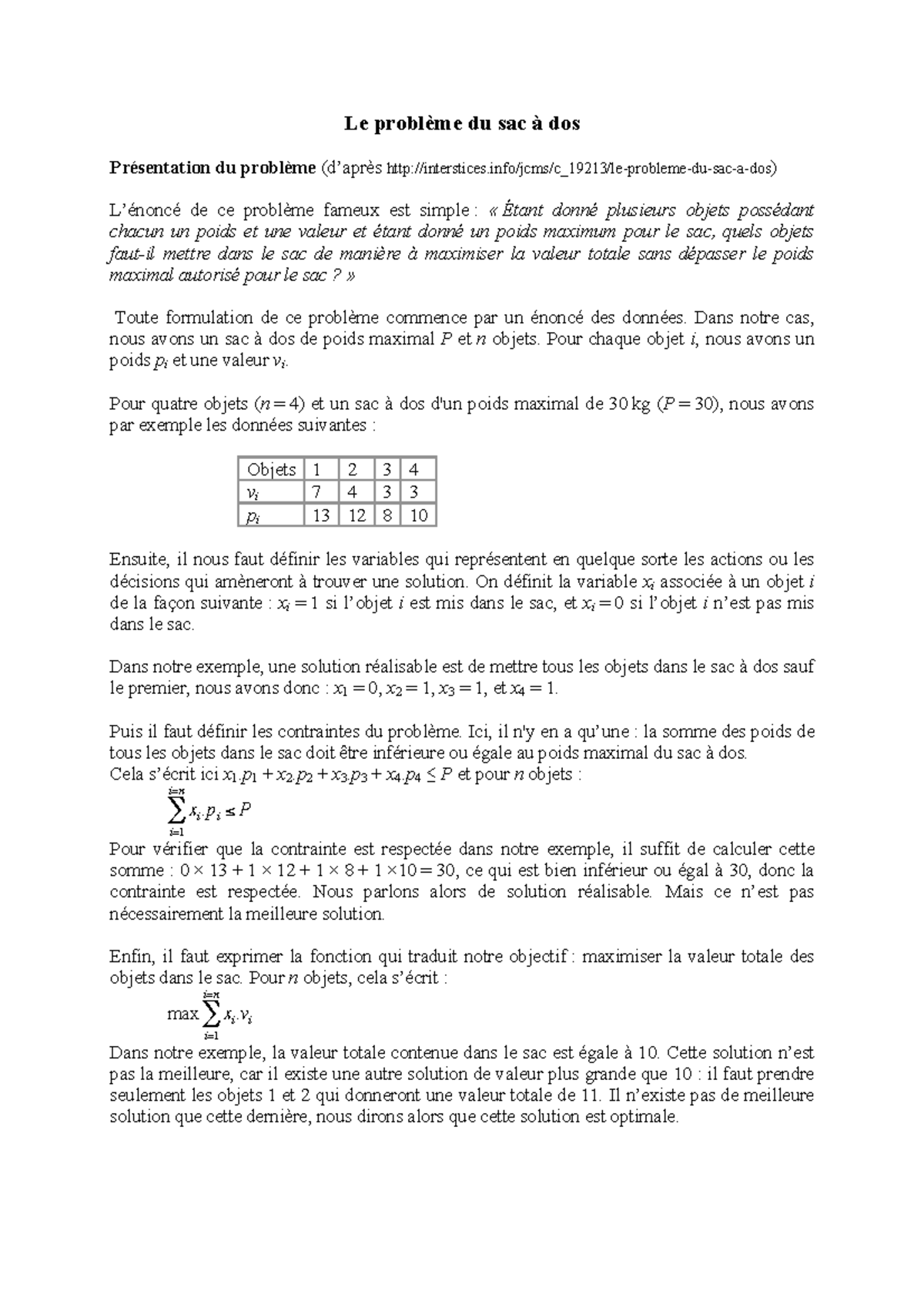 Le probleme du sac a dos - Ce cours fait partie de la programmation mathématique - Le problème ...