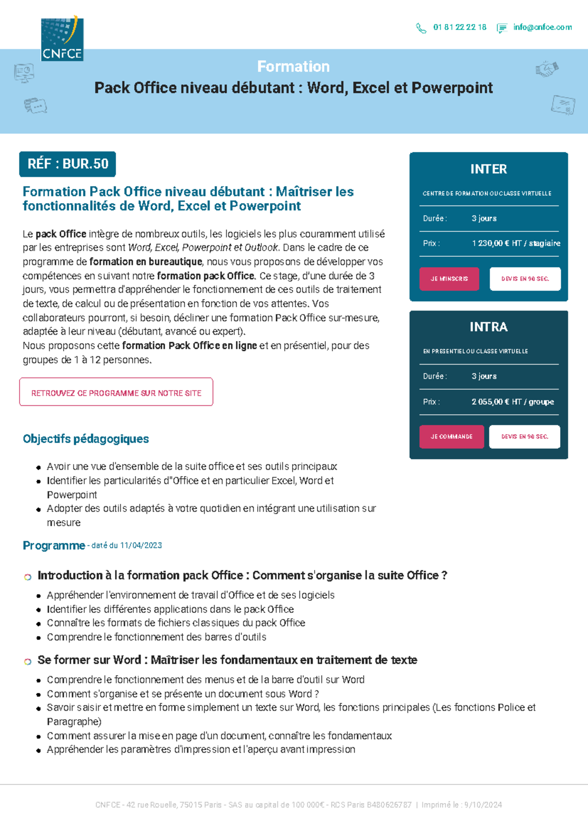 Cnfce Pack Office niveau debutant Word Excel et Powerpoint - Formation Pack Office niveau ...