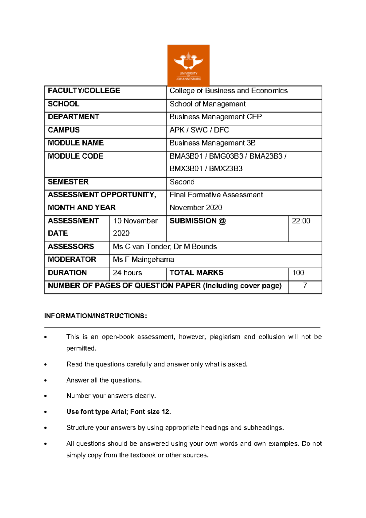 BMA23B3 BMA3B01 BMG03B3 BMX3B01 MAIN - FACULTY/COLLEGE College of ...