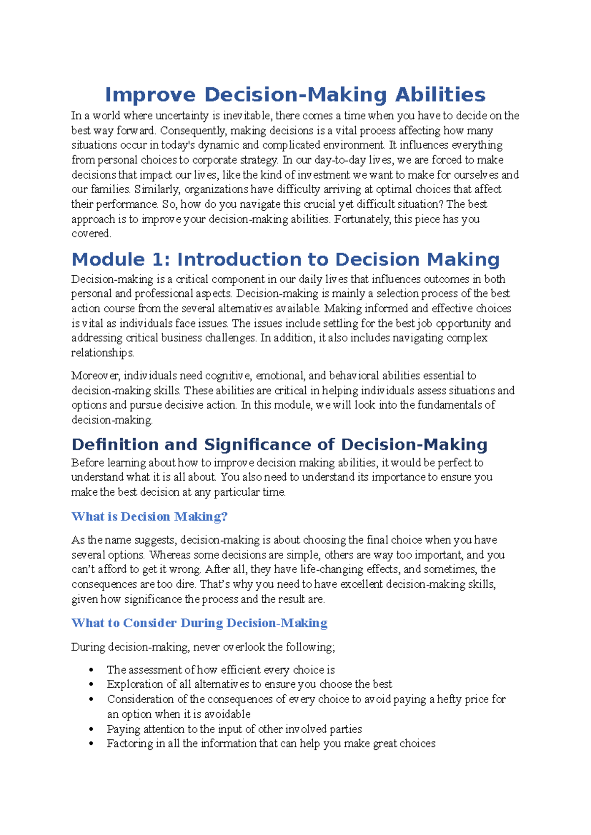 Improve Decision Making Abilities (Module) - Improve Decision-Making Abilities In a world where ...