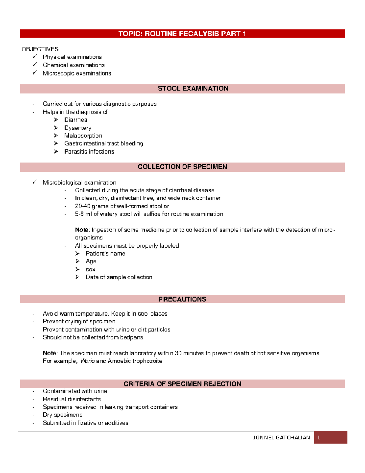 Routine Fecalysis - JONNEL GATCHALIAN 1 TOPIC: ROUTINE FECALYSIS PART 1 ...