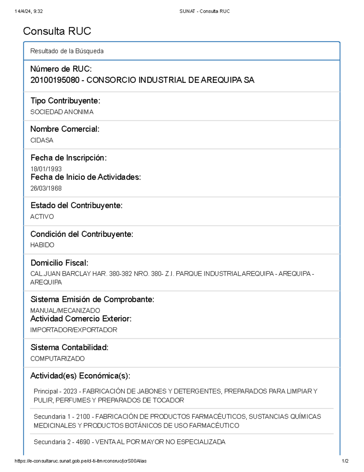 Sunat - Consulta RUC - 14/4/24, 9:32 SUNAT - Consulta RUC - Studocu