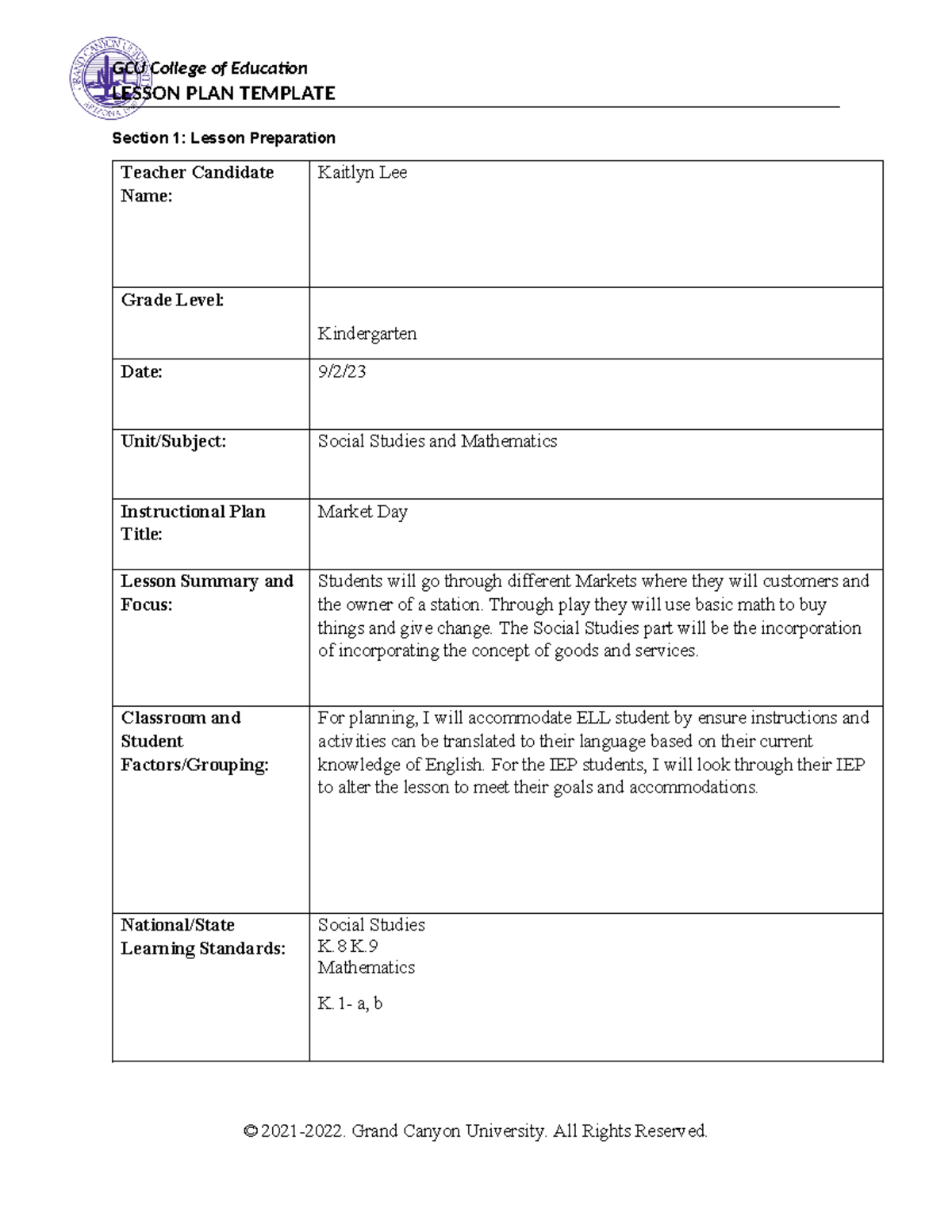 Benchmark 1 - LESSON PLAN TEMPLATE Section 1: Lesson Preparation ...