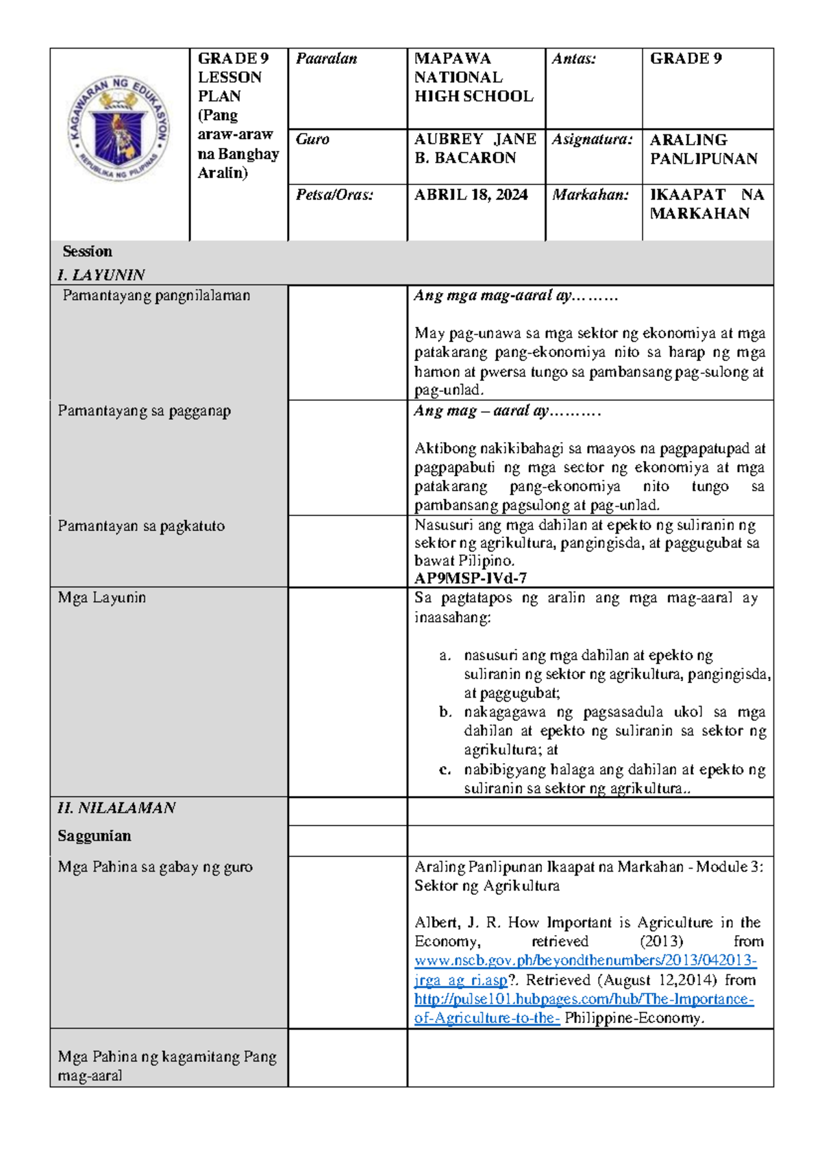 Lesson PLAN - Dahilan AT Epekto NG Suliranin NG Agrikultura - GRADE 9 ...