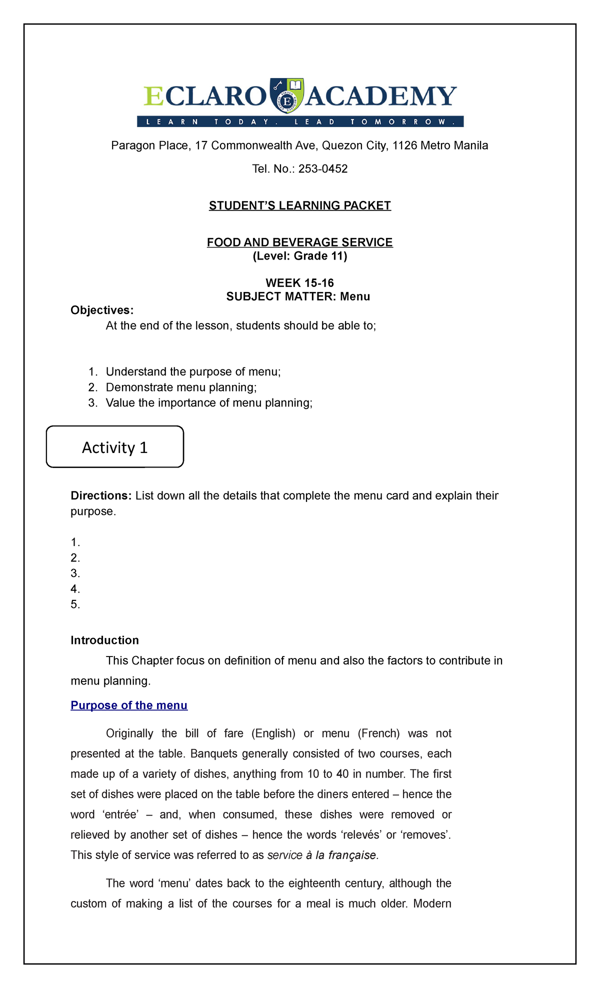 WEEK 15-19 Knowlegde OF MENU - Paragon Place, 17 Commonwealth Ave ...