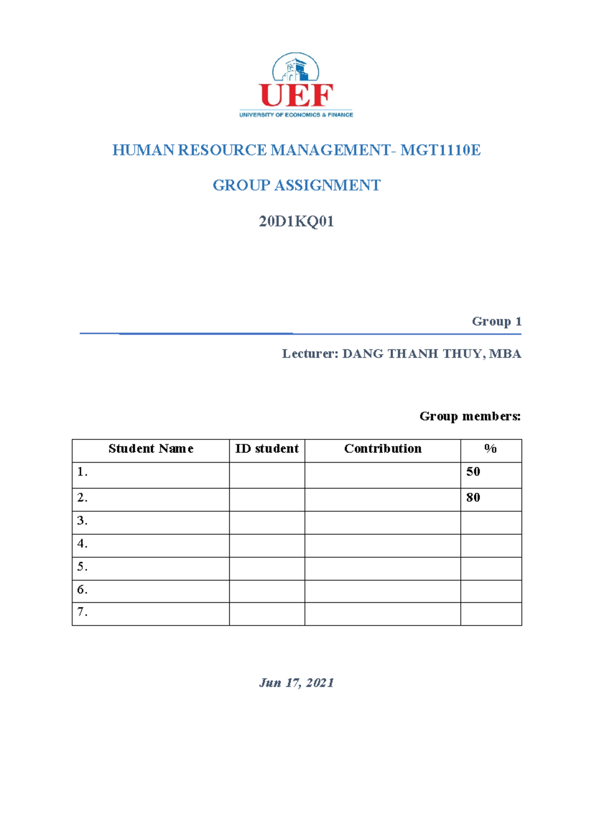Group Assignment Format HRM - HUMAN RESOURCE MANAGEMENT- MGT1110E GROUP ...