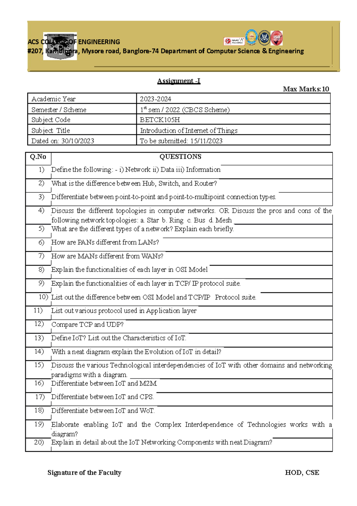 IOT Assignment-1 - assignment - Assignment -I Max Marks: Academic Year 2023- Semester / Scheme 1 ...
