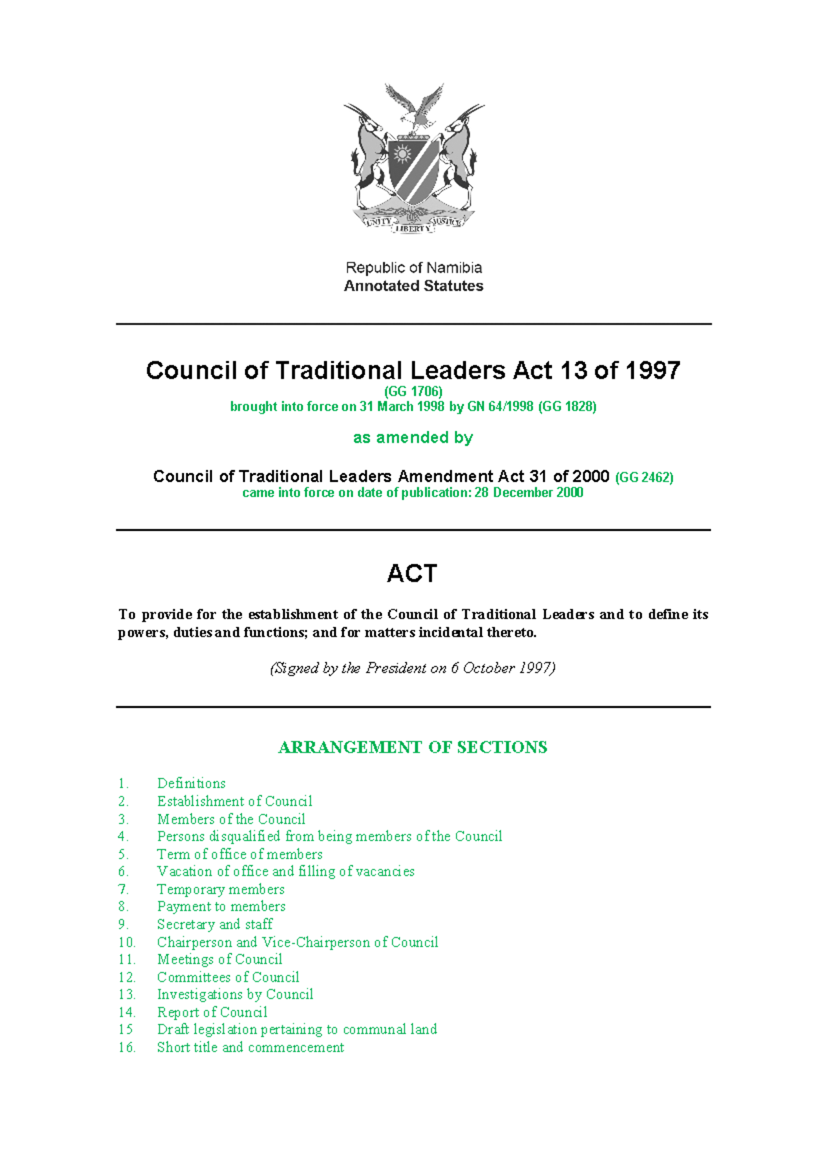 Council of Traditional Leaders Act 13 of 1997 - (Signed by the ...