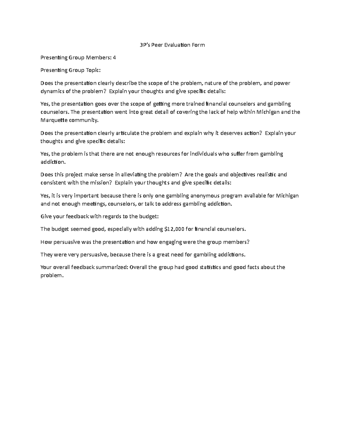 3P Peer Evaluations Group 4 - 3P’s Peer Evaluation Form Presenting ...