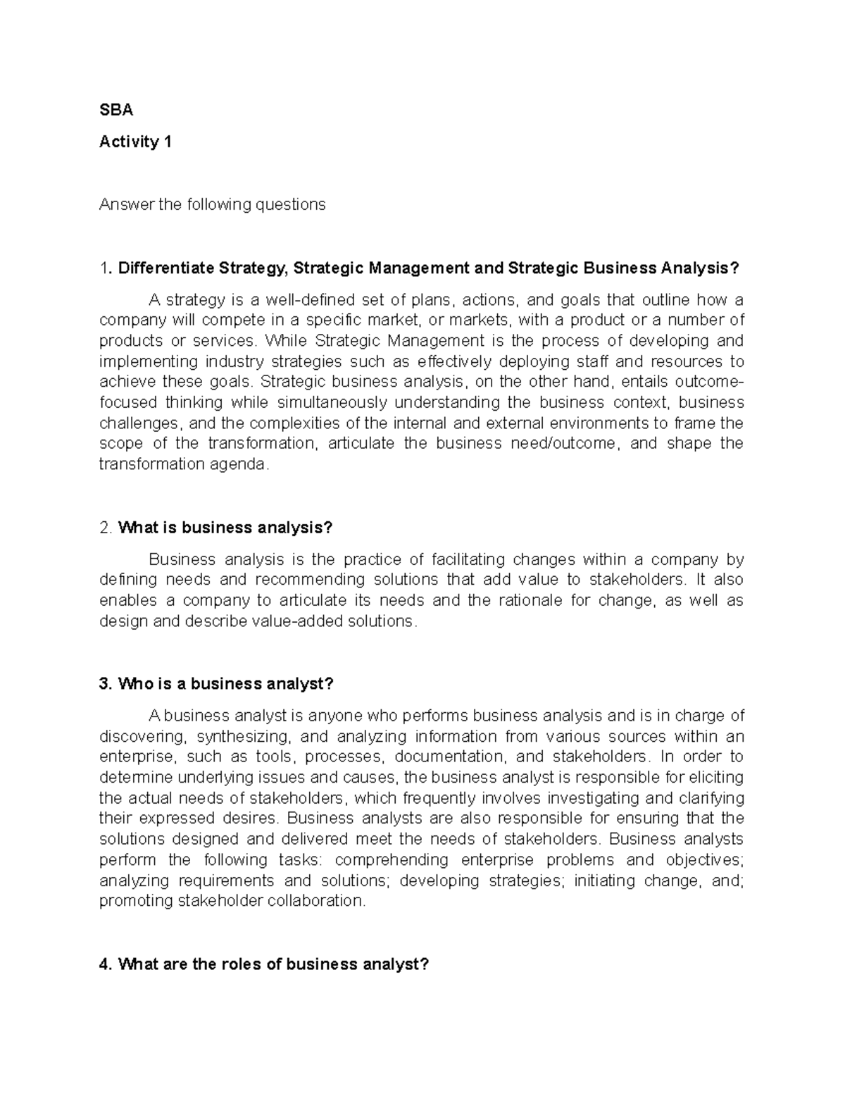 Activity 1 - zzzzzzzzzzz - SBA Activity 1 Answer the following ...
