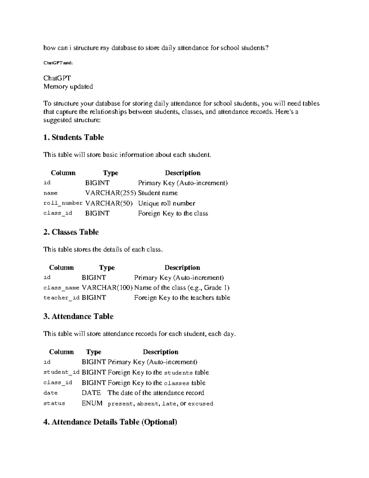 Structure my database to store attendance - how can i structure my ...