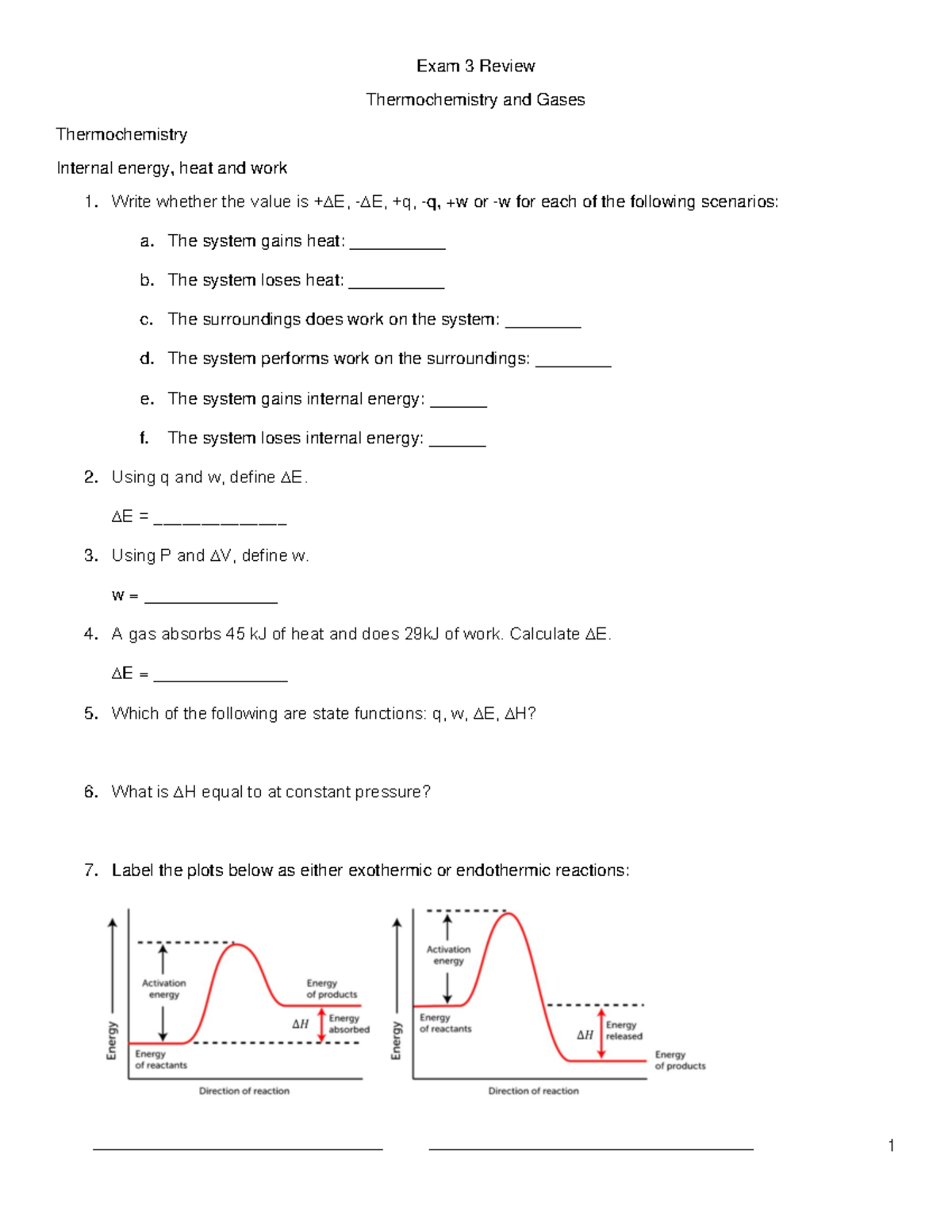 Exam 3 Review Worksheet - Exam 3 Review Thermochemistry and Gases ...