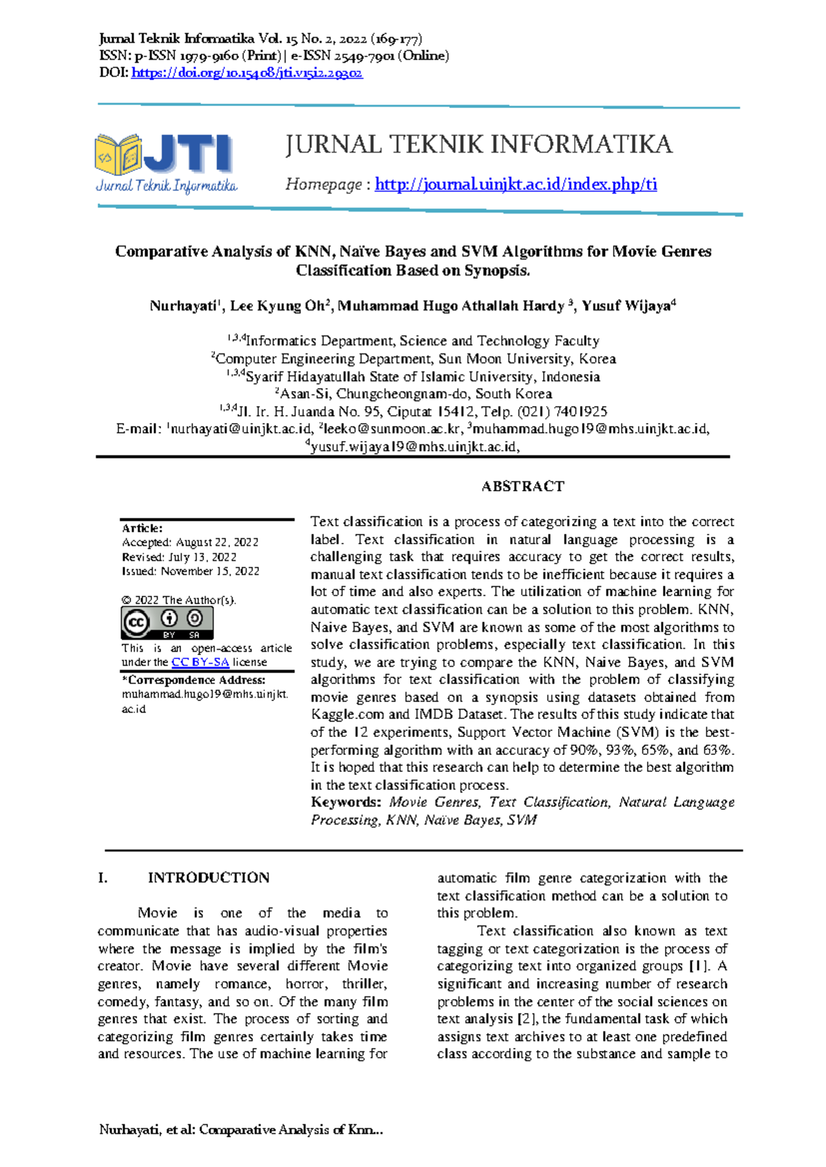 Comparative Analysis Of Knn Naïve Bayes And Svm Algorithms For Movie Genres Classification