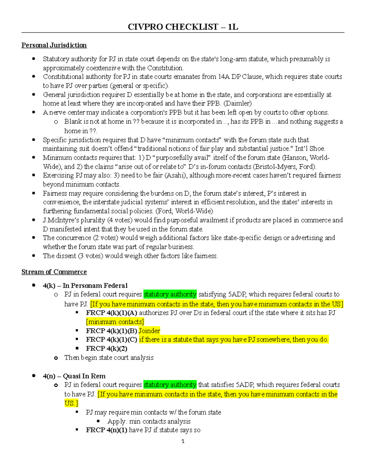 Final Speedy Checklist - CIVPRO CHECKLIST – 1L Personal Jurisdiction ...