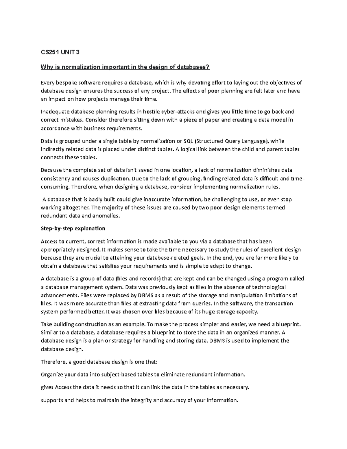 CTU I.T CS251 UNIT 3 - CS251 UNIT 3 Why is normalization important in ...