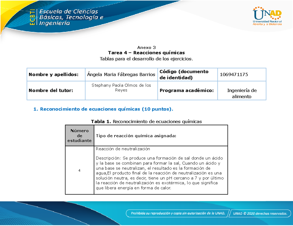 Taller de equilibrio químico - ####### Anexo 3 Tarea 4 – Reacciones químicas Tablas para el ...