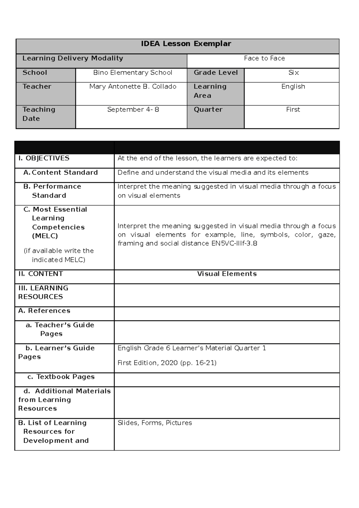 Lesson Exemplar English 6 Quarter 1 - IDEA Lesson Exemplar Learning ...